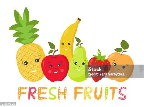 상큼한 미소 짓는 과일 컬렉션 귀여운 웃는 재미 있는 어린아이 과일 세트 바나나 사과 배 체리 딸기 살구 아동용 문구류 섬유 교육 자료를 위한 디자인 개체 그룹에 대한 스톡