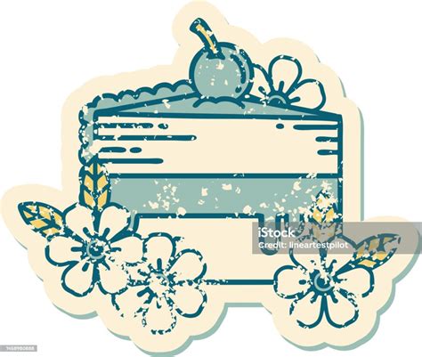 케이크와 꽃 한 조각의 상징적 인 고민 스티커 문신 스타일 이미지 0명에 대한 스톡 벡터 아트 및 기타 이미지 0명 그런지 이미지 기법 꽃 식물 Istock