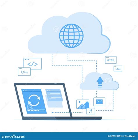 Laptop Computer Syncing Data With Cloud Computing Service For Wireless Network Connection
