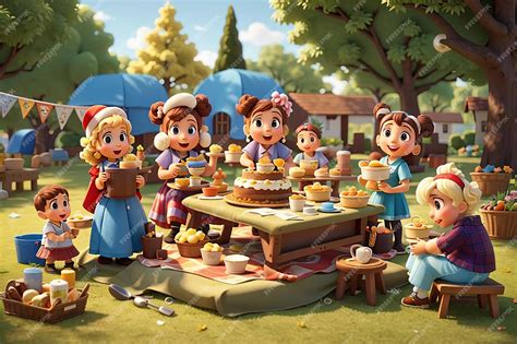 Premium Photo Cartoon Characters Picnic While Cake Bakes