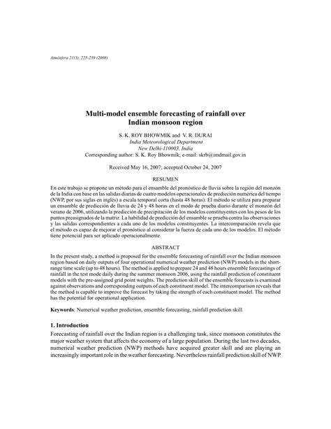 Pdf Multi Model Ensemble Forecasting Of Rainfall Over Indian Monsoon Region