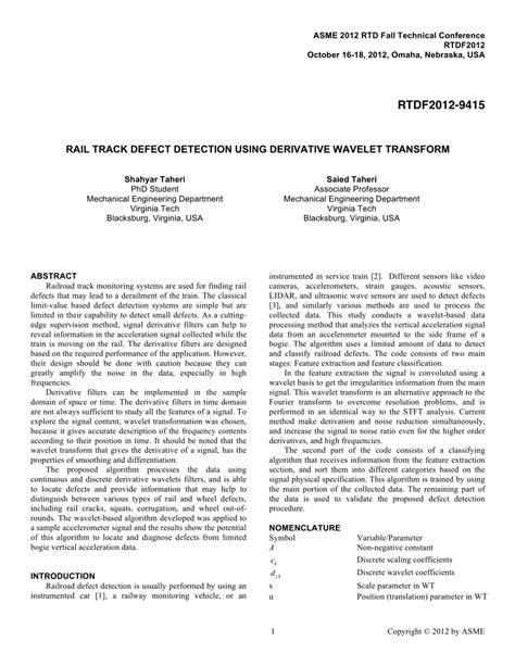 pdf rail track defect detection using derivative wavelet transform