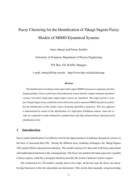 Pdf Fuzzy Clustering For The Identification Of Takagi Sugeno Fuzzy