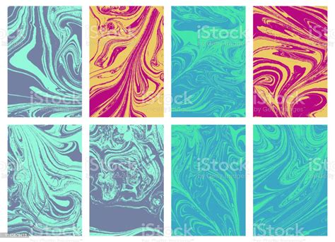 추상 바다 대리석 아트의 집합입니다 자연 랜덤 Ebru 대리석의 소용돌이 또는 마 노 돌의 물결과 예술적인 스타일 파란색 페인트 모양입니다 벡터 0명에 대한 스톡 벡터 아트