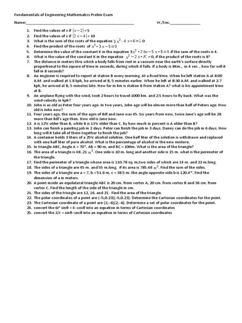 Engineering Mathematics Prelim Exam Pdf Triangle Area