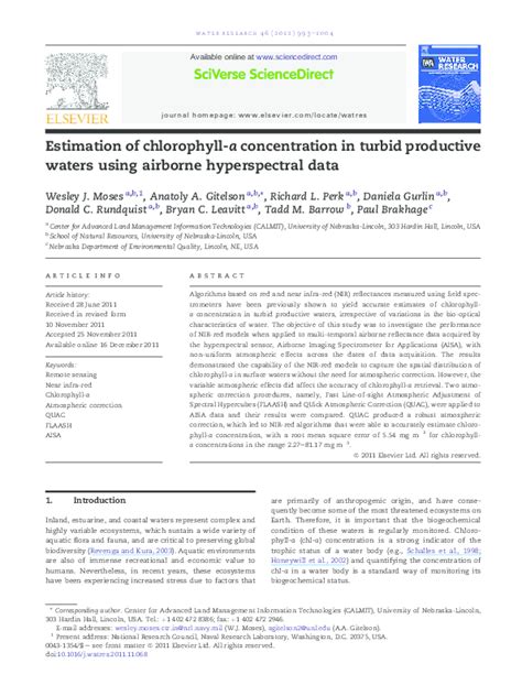 Pdf Estimation Of Chlorophyll A Concentration In Turbid Productive