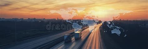 Trucks On Highway With World Map Overlay At Sunset Stock Illustration