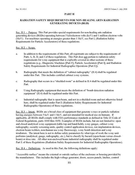 Part H Radiation Safety Requirements For Non Healing Arts Radiation