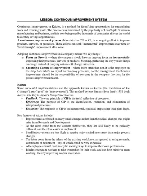 Continous Improvement System Lesson Pdf