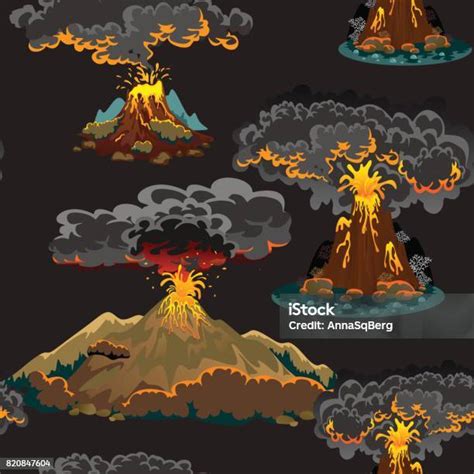 화산 분화 한 자 정도의 변화 또는 위험한 벌 컨 마그마 화산재와 화산 용암 산 벡터 일러스트 레이 션 아래로 흐르는 연기 비행기에서 인사를 깨우기의 집합 화산에 대한 스톡