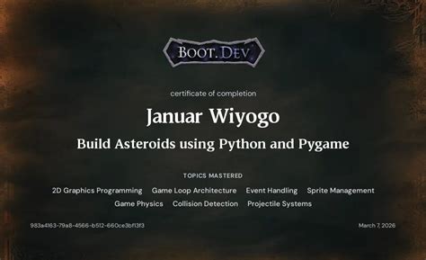 Build Asteroids Using Python And Pygame Certificate Januar Wiyogo