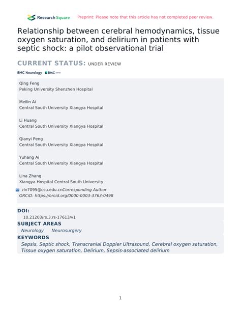 Pdf Relationship Between Cerebral Hemodynamics Tissue Oxygen Saturation And Delirium In