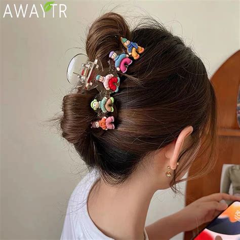 Awaytr 귀여운 만화 남자 헤어 집게 여자 크랩 헤어 클립 레인보우 컬러 헤어핀 아크릴 클립 그리퍼 바레트 모자를 쓰고