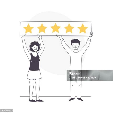피드백 및 고객 리뷰 남자와 여자 캐릭터 들고 배너 별 등급 서비스 벡터 일러스트 레이 션 계급에 대한 스톡 벡터 아트 및 기타