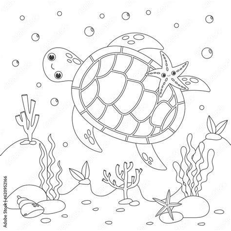 Coloring Page Little Cute Sea Turtle Swims Underwater With Bubbles And