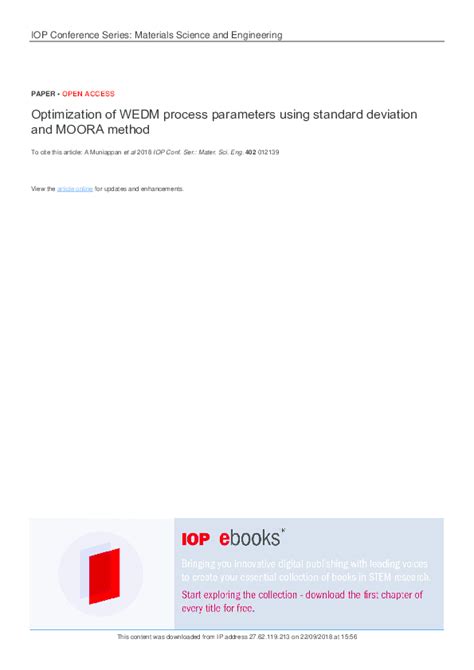Pdf Optimization Of Wedm Process Parameters Using Standard Deviation And Moora Method