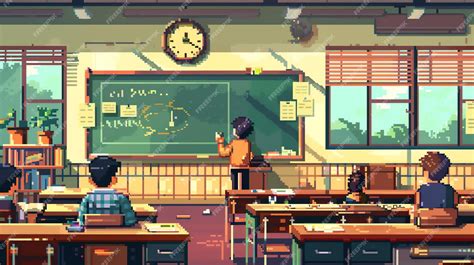 Pixel Art Depicting A Classroom With A Teacher Writing On A Chalkboard