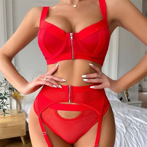 Generic Hot Sexy Lingerie Three Point Hollow Sexy Bra Lace Zipper Suit