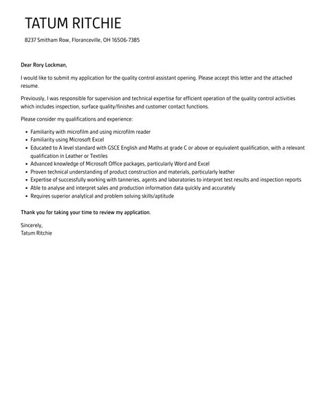 Quality Control Assistant Cover Letter Velvet Jobs