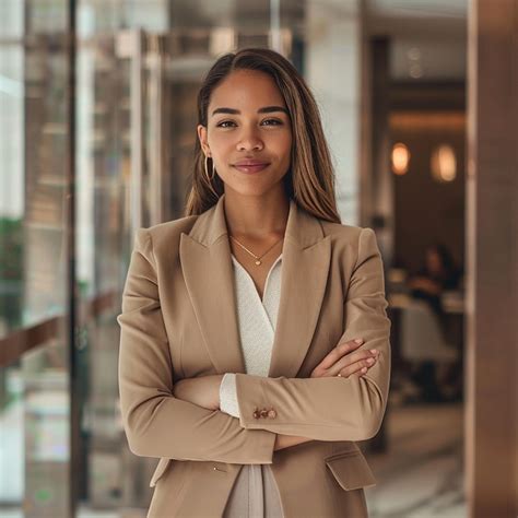 Premium Photo A Woman With Her Arms Crossed And A Smiling Woman In A Tan Suit Stands In Front