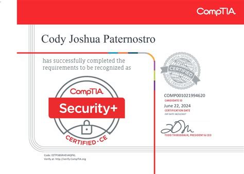 Cody Paternostro On Linkedin Comptia Securityplus Cybersecurity Certification Networksecurity