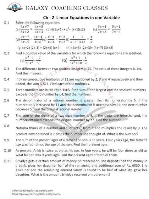 Worksheet Class 8 Ch 2 Linear Equations In Two Variables Artofit