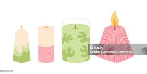 촛불 세트 흰색 배경에 고립 된 수제 향기로운 촛불 휘게 타임 아로마 테라피와 휴식 가정 장식 벡터 만화 그림입니다 0명에 대한 스톡 벡터 아트 및 기타 이미지 Istock