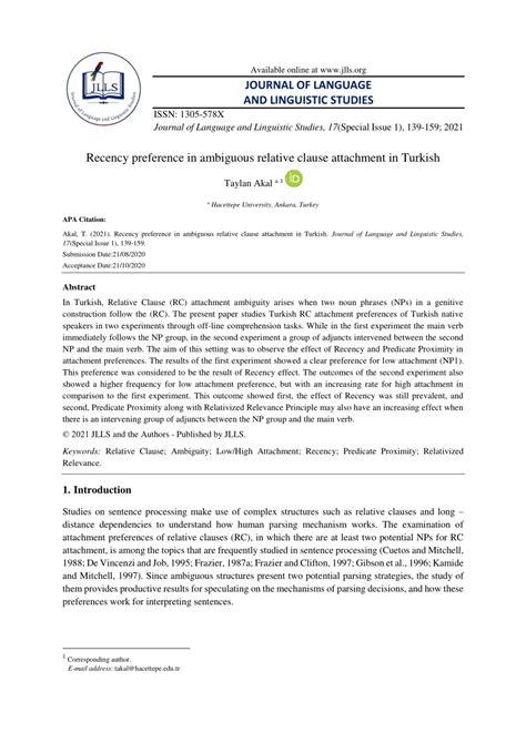 Pdf Recency Preference In Ambiguous Relative Clause Attachment In Turkish