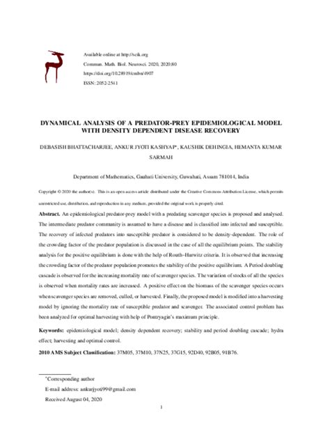 Pdf Dynamical Analysis Of A Predator Prey Epidemiological Model With Density Dependent Disease