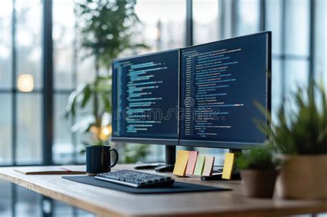 modern office desk shows two computer screens with code keyboard mug