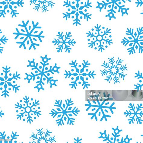 아름 다운 작은 다른 푸른 눈송이가 흰색 배경에 고립되어 있습니다 귀여운 흑백 휴일 원활한 패턴입니다 벡터 간단한 평면 그래픽 Illustration 텍스처 크리스마스에