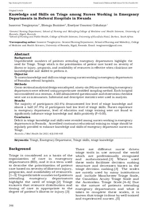Pdf Knowledge And Skills On Triage Among Nurses Working In Emergency Departments In Referral