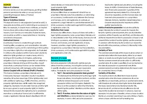 Prob B Notes Summary Licences Nature Of A Licence A Licence Serves As An Excused Trespass