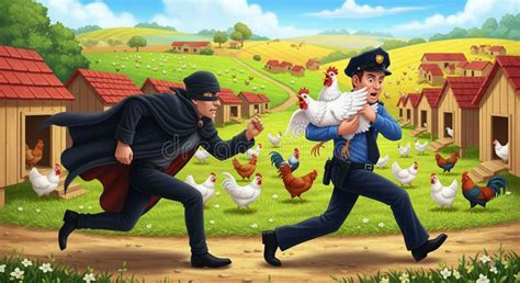 A Thief Chasing After A Policeman Who Is Stealing Chickens Against A