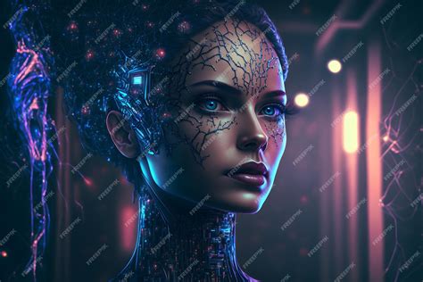 Premium AI Image | Modern futuristic female humanoid robot portrait with technology details on ...
