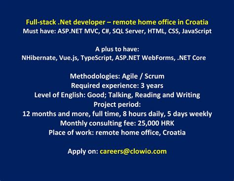 Full Stack Net Developer Remote Home Office In Croatia Clowio