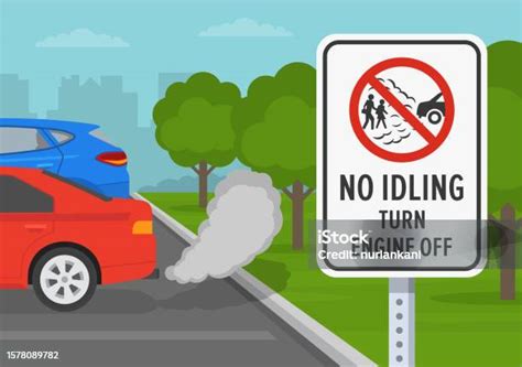 야외 주차 요령 및 규칙 공회전 금지 엔진 끄기 도로 또는 교통 표지판의 클로즈업 보기 유휴 없는 영역 벡터 그림 템플릿입니다 거리에 대한 스톡 벡터 아트 및 기타 이미지