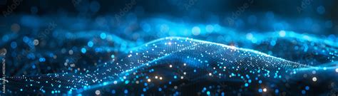 Abstract Digital Landscape With Glowing Blue Dots And Lines Creating A Dynamic Wave Pattern