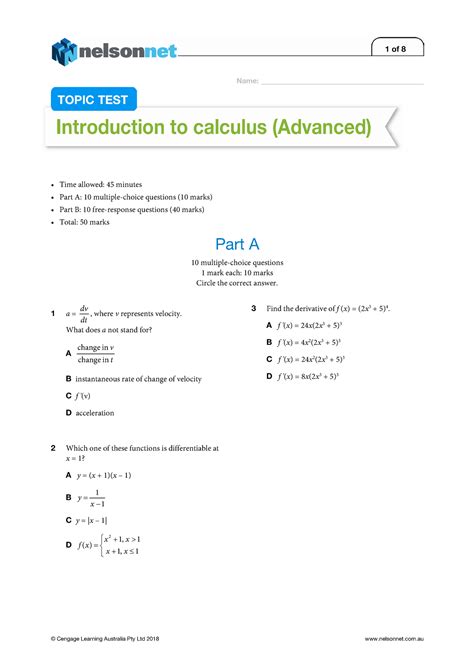 Year 11 Calculus Topic Test Nelson Net Name Topic Test