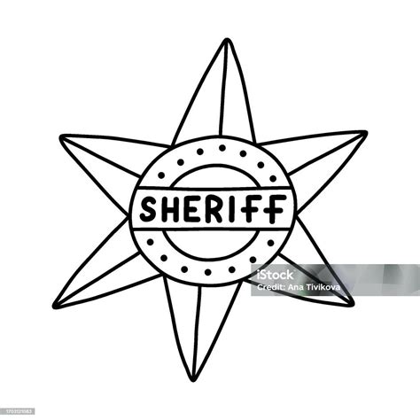 보안관 배지는 손으로 그린 윤곽선이 있는 별 모양의 낙서입니다 서부 경찰의 귀여운 상징 법의 표시 보안 정의 와일드 웨스트와 카우보이 상징은 배경에 분리된 황금색 요소를