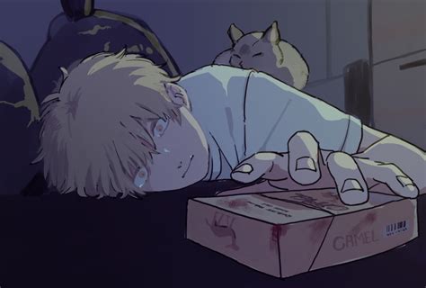 Safebooru 1boy Blonde Hair Cat Chainsaw Man Cigarette Pack Denji