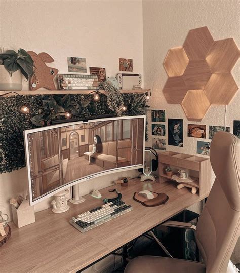 cozy home office setup with wooden desk and computer monitor