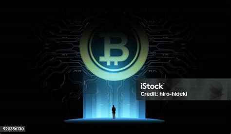 Bitcoin 그림 개념입니다 미래 디지털 돈 기술 전세계 네트워크 개념입니다 작은 남자는 거 대 한 미래의 홀로그램에 본다