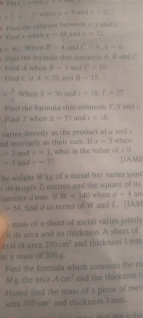 Xy 27 When Y 9 And Z 2find The Relation Between X Y Andfind X When Y 1