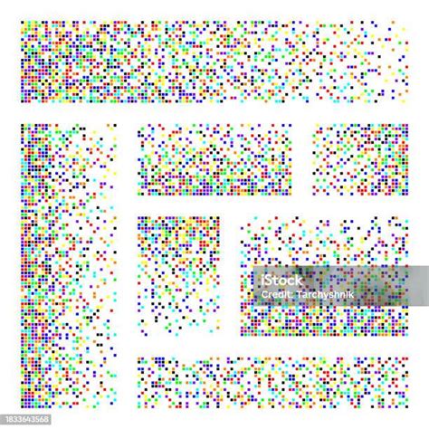 픽셀 분해 붕괴 효과 정사각형 모양으로 만들어진 다양한 직사각형 요소 분산된 점선 패턴입니다 단순한 입자가 있는 모자이크 질감 컬러 노이즈 벡터 일러스트 레이 션 가리키기에