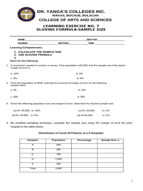 Exercise No 7 Slovins Formula Sample Size Pdf