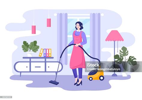 청소 서비스 평면 디자인 일러스트 사람들은 진공 청소기 배경 배너 또는 포스터에 대한 집에서 먼지와 청소 바닥을 닦아 가사