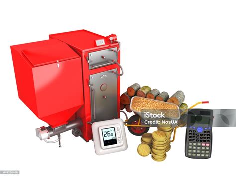 나무와 단단한 보일 러와 개인 집의 난방 시스템의 개념 펠 릿 돈을 장작 생산 계산기 흰색 배경에서 3d 렌더링 3차원 형태에 대한 스톡 사진 및 기타 이미지 Istock