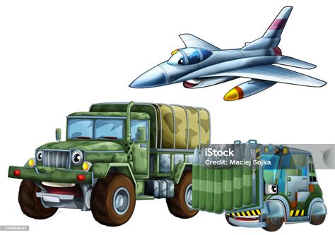 지게차와 비행 기계 제트 전투기 기계 군인 테마 고립 된 배경 그림과 두 개의 군사 육군 자동차 차량 탱크 수조와 만화 장면 공공 서비스에 대한 스톡 벡터 아트 및 기타
