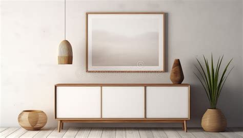 Minimalist Frame And Wooden Console With Silhouette Lighting Stock